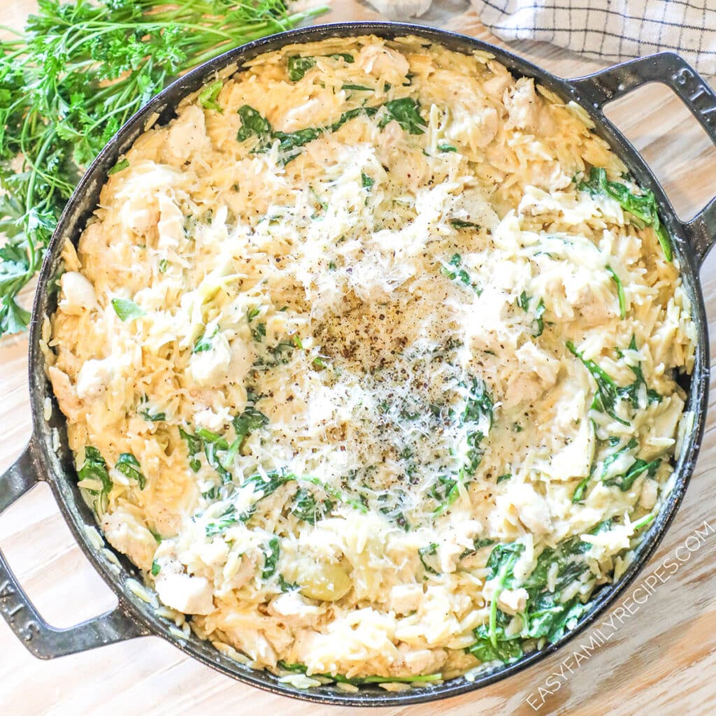 One Pot Spinach Artichoke Chicken Orzo · Easy Family Recipes
